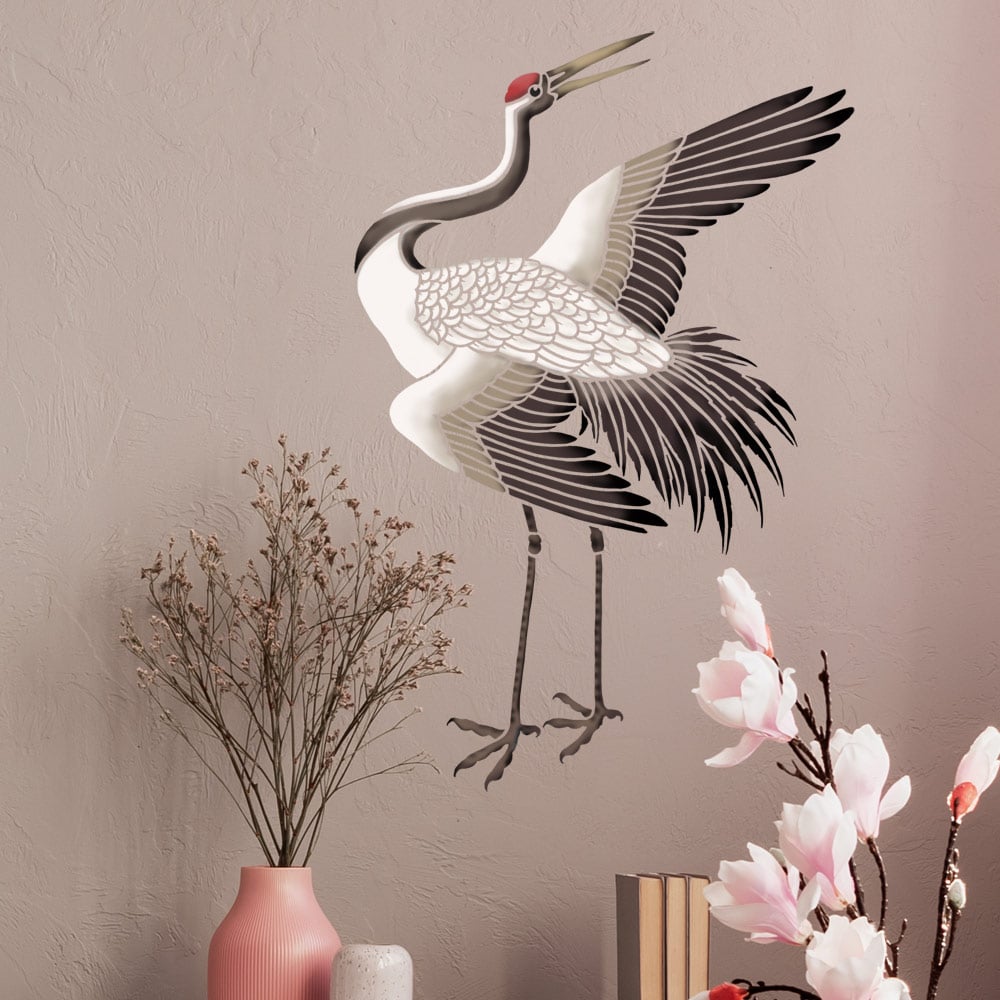 Large Dancing Japanese Crane Wall Stencil | DIY Mural Stencil