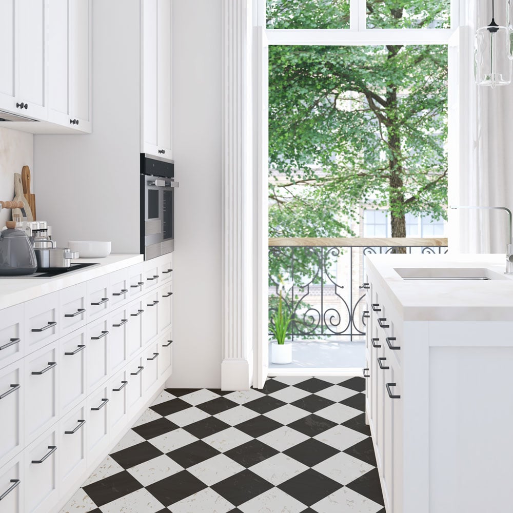 Simple back and white square tile stencils for painting old tile floor